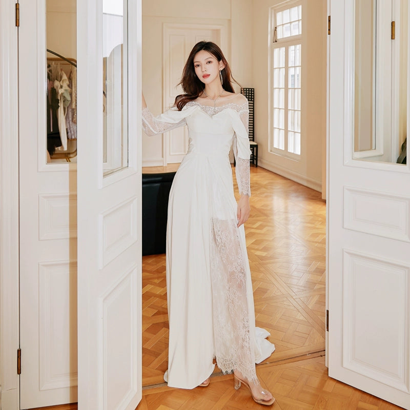 DOLLY Elegant White French Style Lace Satin Long Sleeve Wedding Dress ...