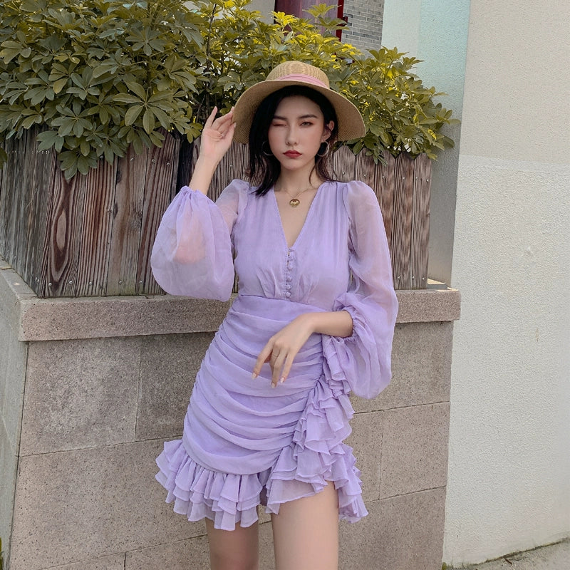 D0LLY Luxury French Style V-Neck Long Puff Sleeve Chiffon Pleated Ruff ...