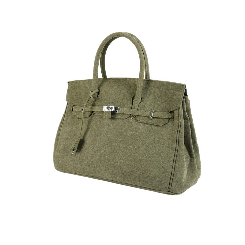 Army green Retro canvas leather tote buckle men/women's weekender trav ...