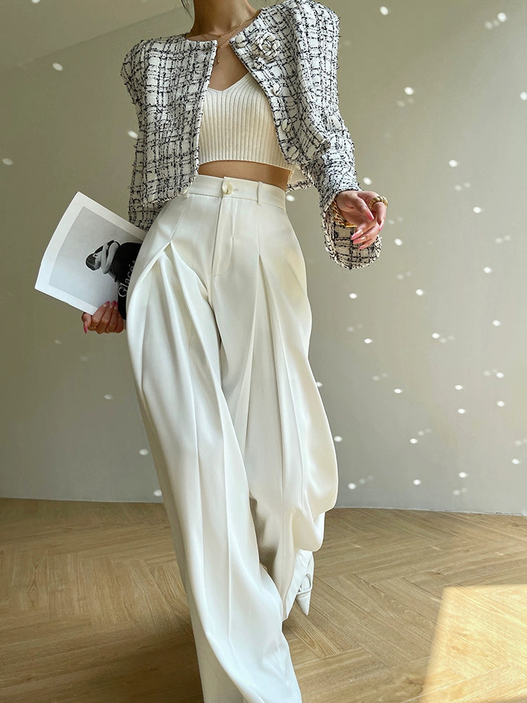 Aconiconi Eleant White Waist Loose Long Straight Suit Dinner Pants- Cl ...