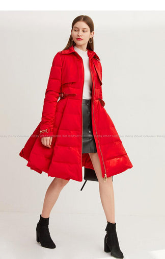 Long red Down coat winter red waist and big swing design pleated coat ...