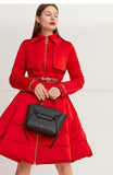 Long red Down coat winter red waist and big swing design pleated coat ...