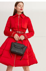 Long red Down coat winter red waist and big swing design pleated coat ...
