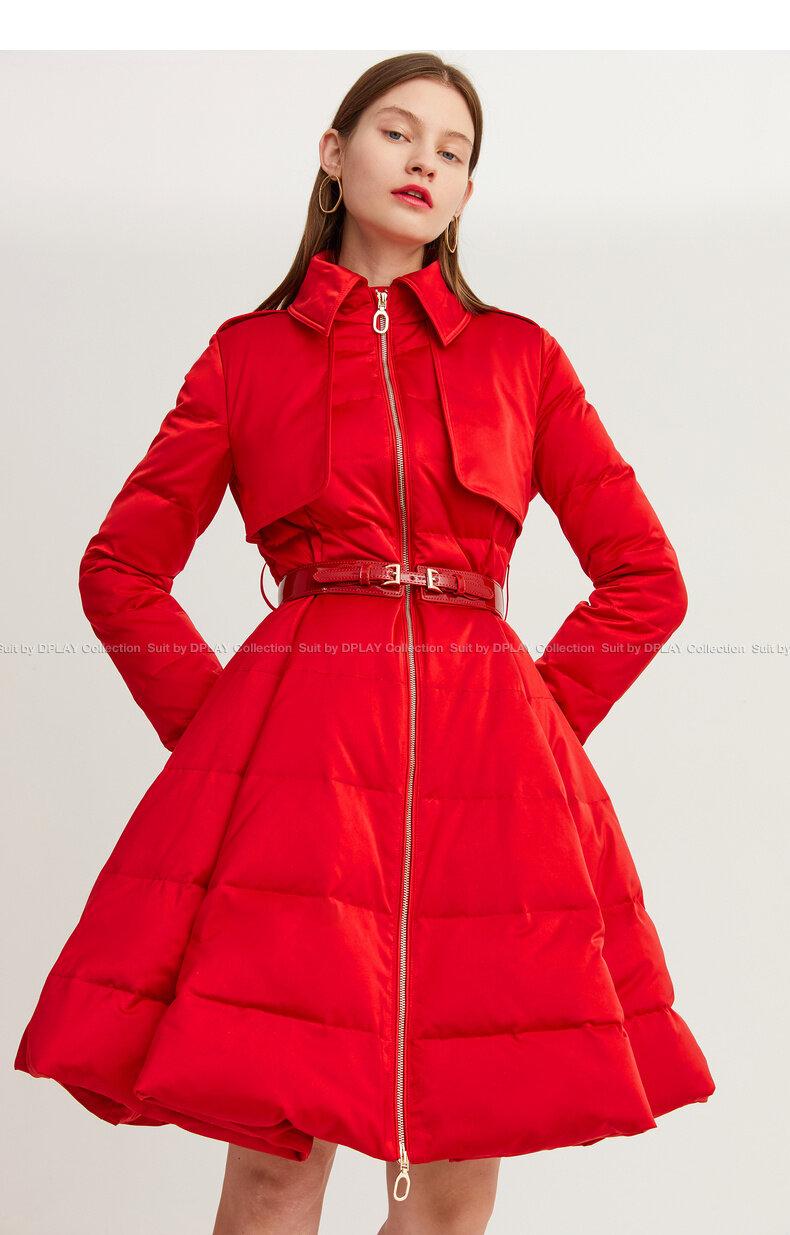 Long red Down coat winter red waist and big swing design pleated coat ...