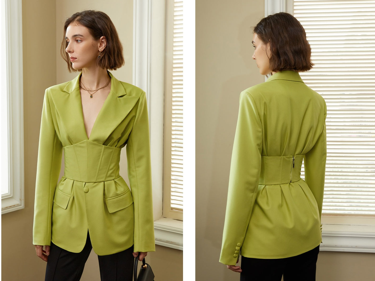 Waist V-neck suit jacket is a one-button with girdle, long sleeves, an ...