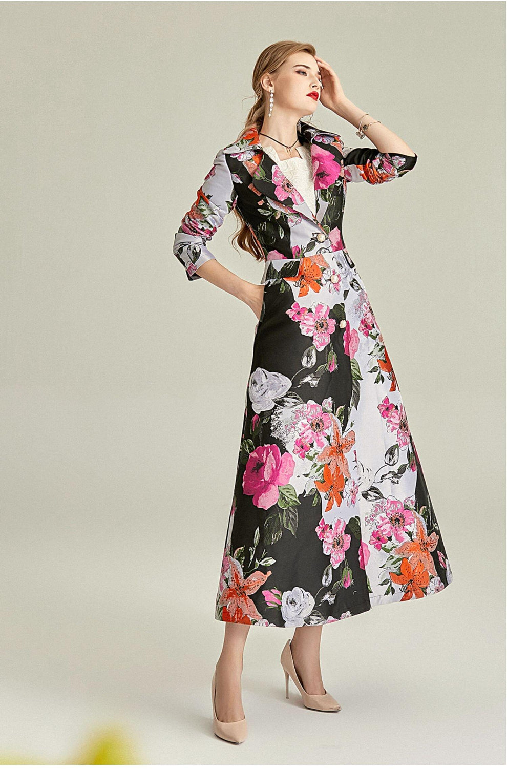 Jacquard spring and autumn coat lapel flower Long coat dress - Chloe ...