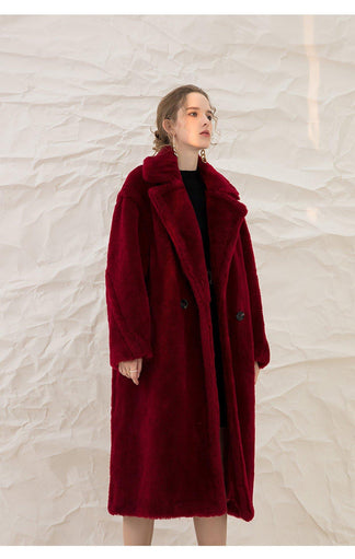 Luxe Autumn winter wine red thick pure wool coat lapel velvet coat- Te ...