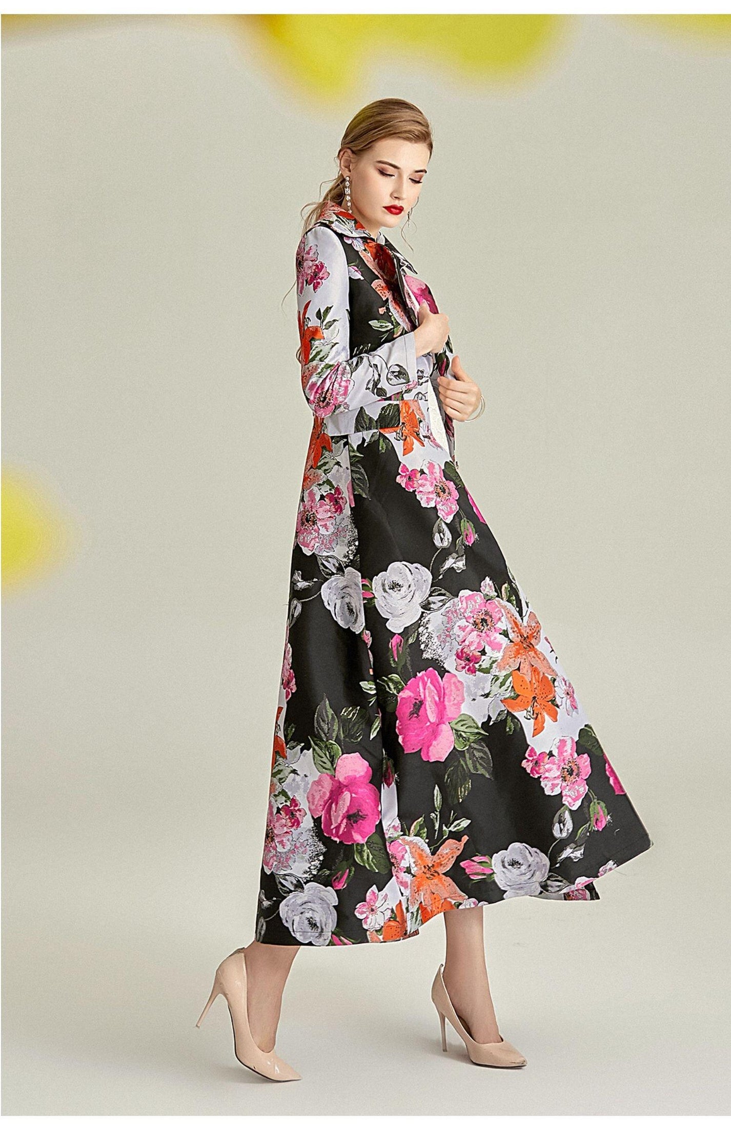 Jacquard spring and autumn coat lapel flower Long coat dress - Chloe ...