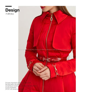 Long red Down coat winter red waist and big swing design pleated coat ...