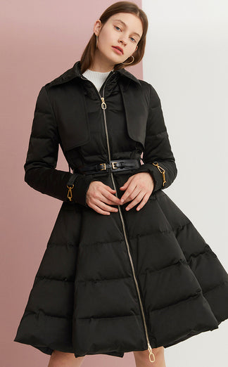 Long black Down coat winter Black waist and big swing design pleated c ...