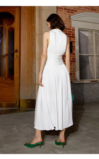 Luxurious blend of silk a hanging neckline, and sleeveless V-neck dres ...