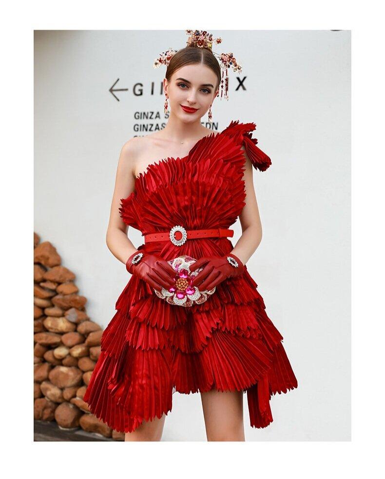 Elegant Hand-folded Sexy Slant Shoulder Irregular Short cocktail Dress ...