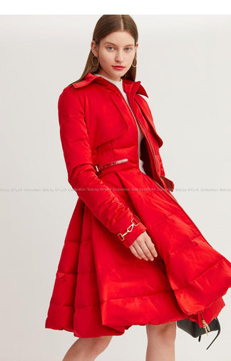 Long red Down coat winter red waist and big swing design pleated coat ...