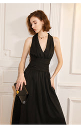 Luxurious blend of silk a hanging neckline, and sleeveless V-neck dres ...